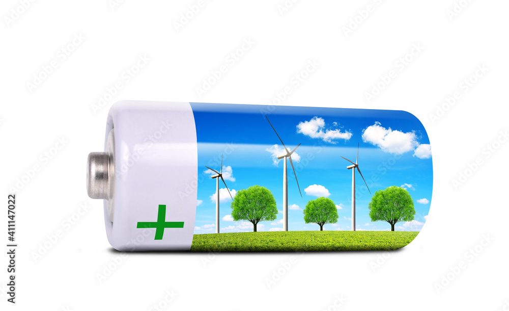 Battery with wind turbines isolated on a white background. The concept ...