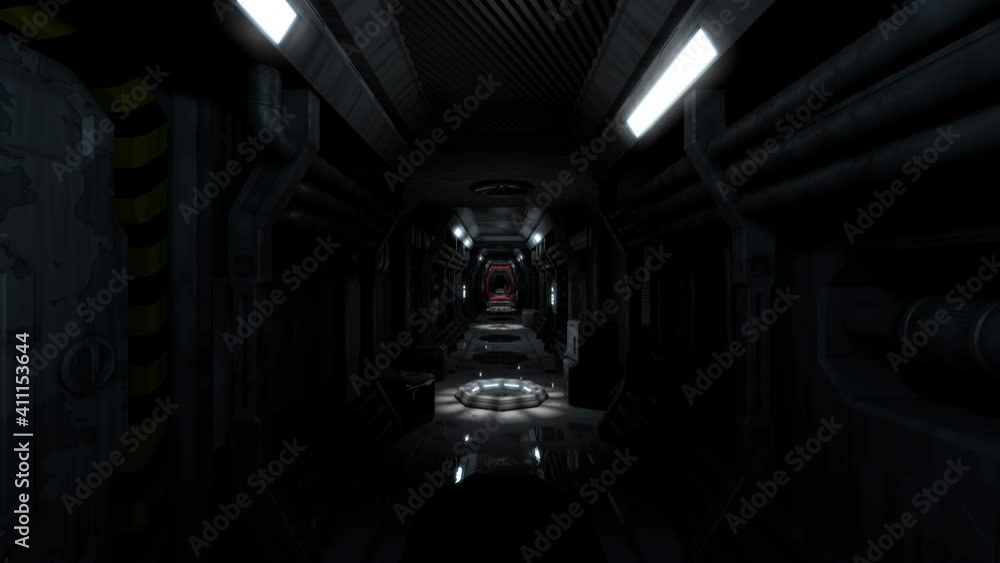 scary empty sci fi spaceship corridor with evacuation alarm. 3d ...