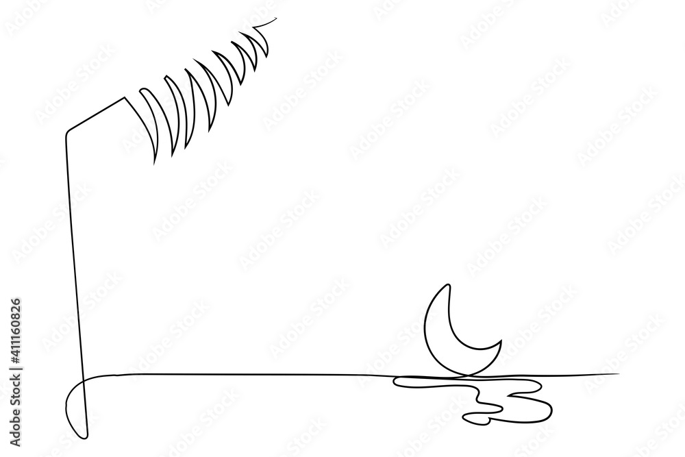 continuous line drawing of sea on night with moon and palm leaves ...