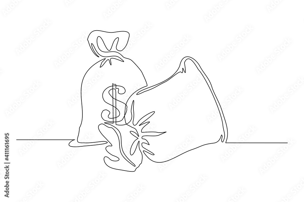 Continuous line drawing of money bag. Single one line art of finance ...