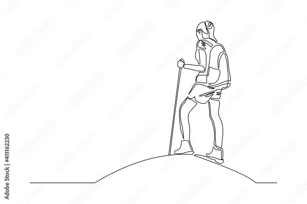 Continuous one line drawing of traveling people with backpack. Single ...