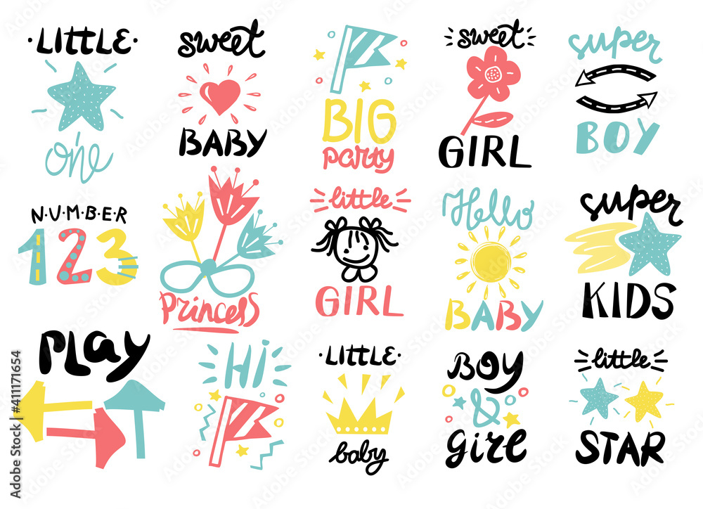 15 children s logo with handwriting quotes for boys and girls Stock ...