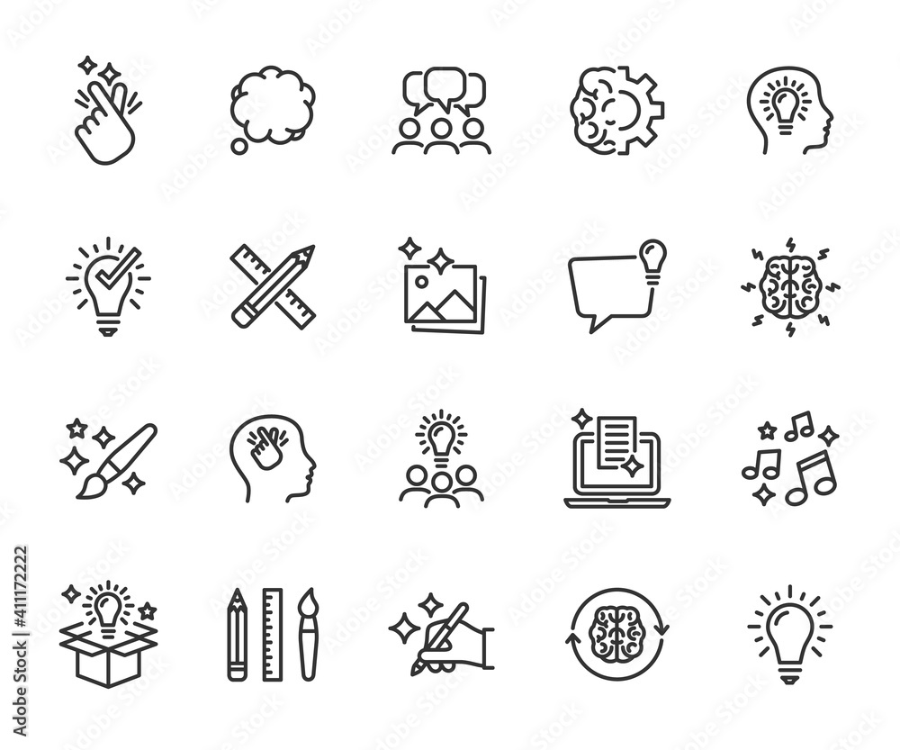 Vector set of creativity line icons. Contains icons idea, brainstorm ...