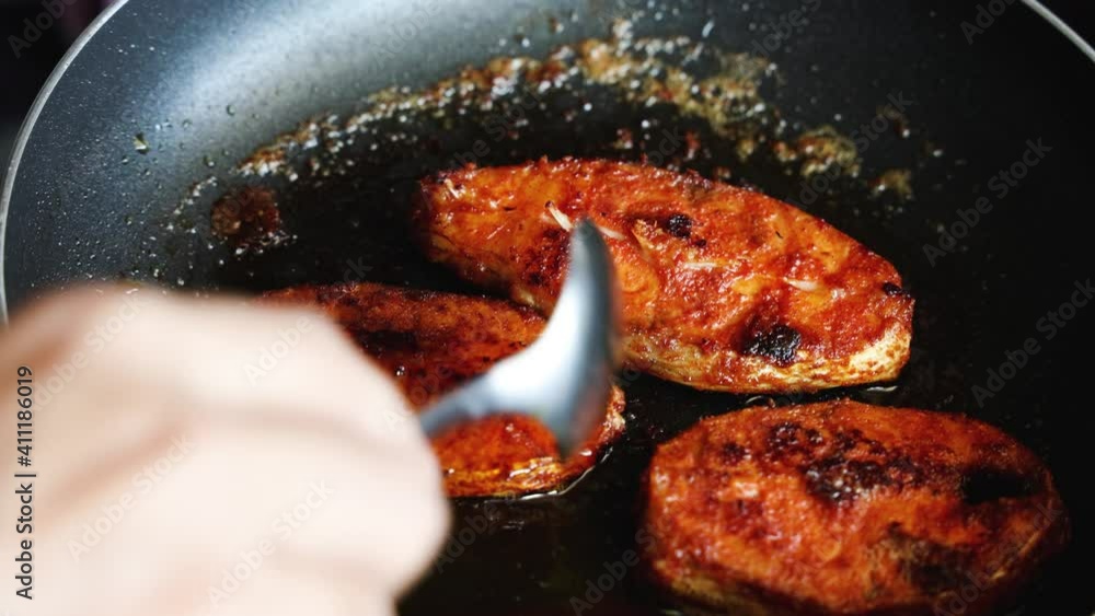 Kerala Fish fry , frying King fish in coconut oil, fresh seafood curry ...