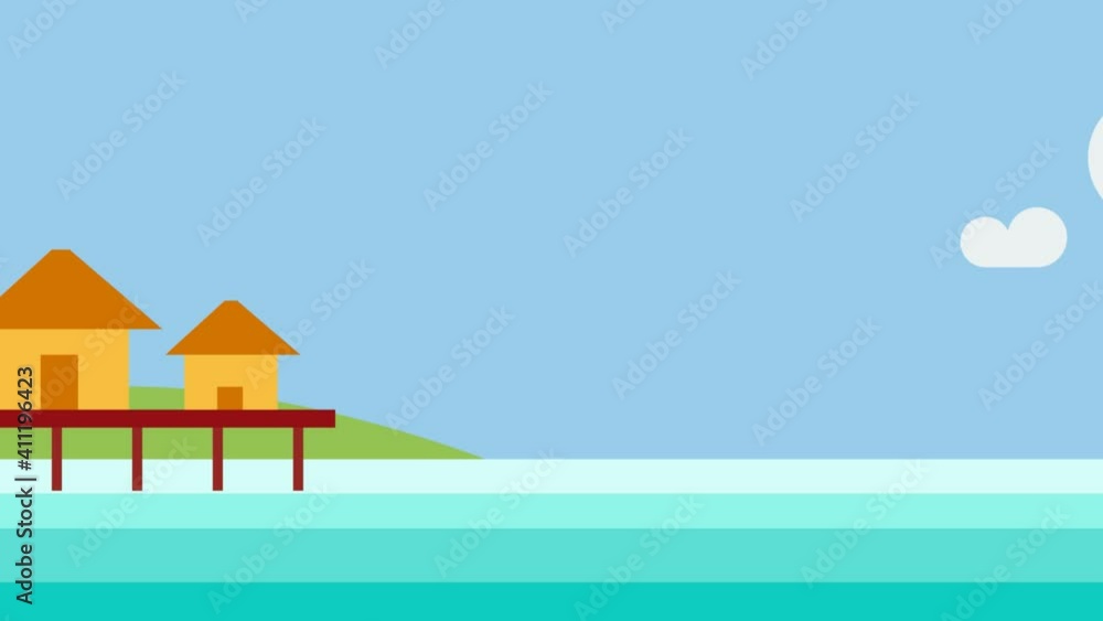 Resort on reef, animated background. Bungalow on stilts in flat design ...