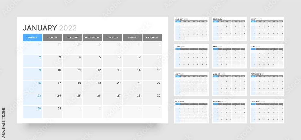 Monthly calendar template for 2022 year. Week Starts on Sunday. Wall ...