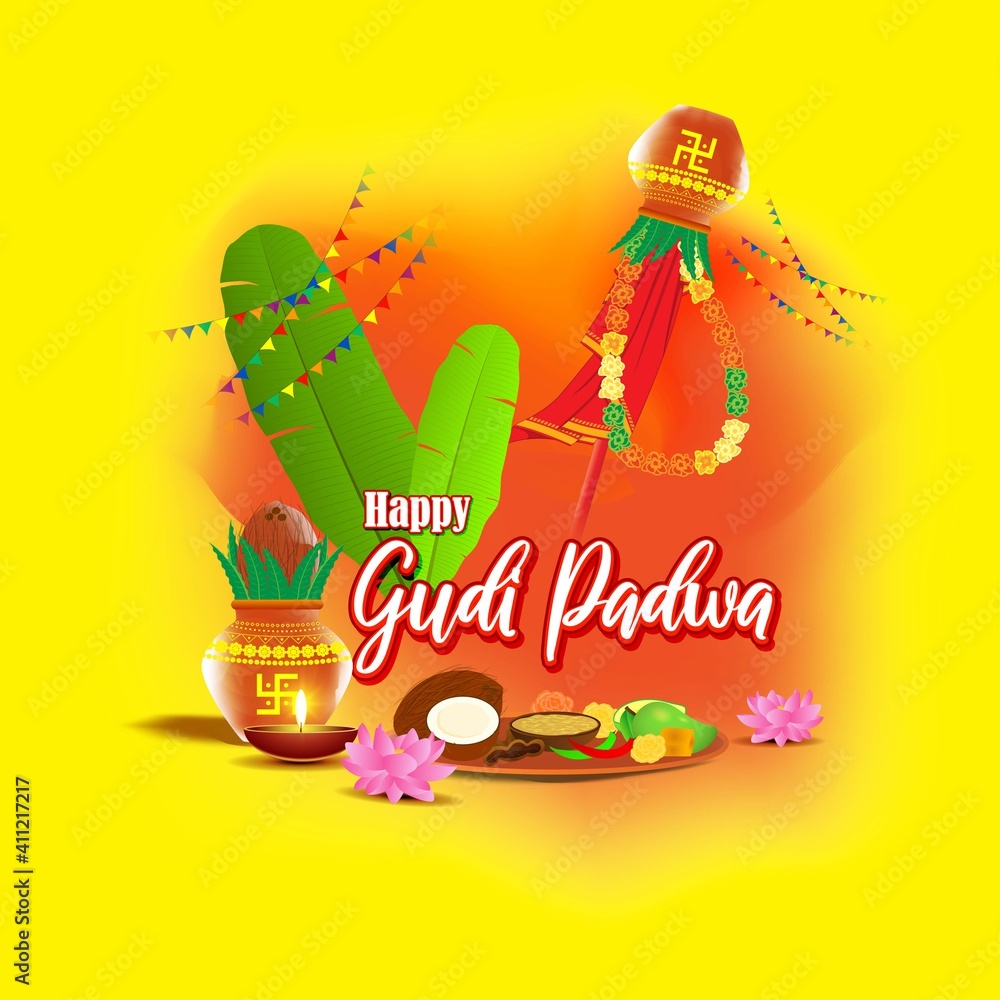 Vector illustration concept of Happy Ugadi greeting with kalasha and ...