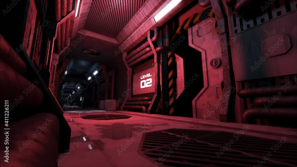 scary empty sci fi spaceship corridor with evacuation alarm. 3d ...