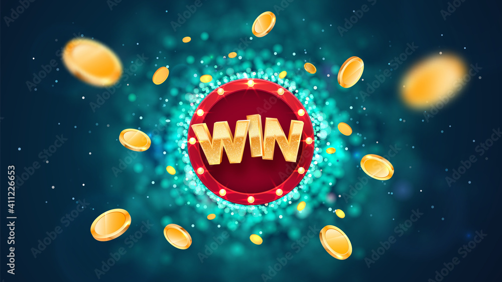 Celebration win gold text on retro red board vector banner. Win ...