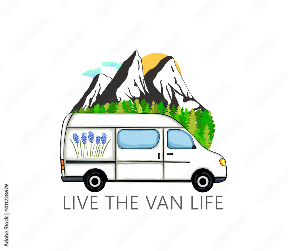 Ilustracja Stock: Camper van with forest and mountains in the ...
