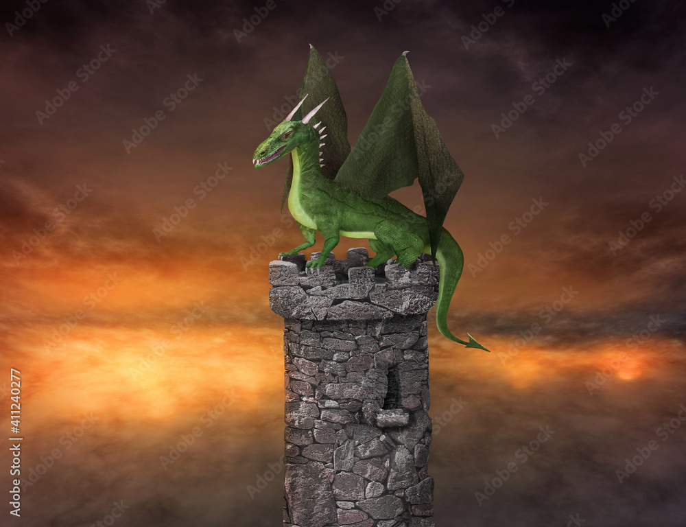 Dragon on a tower Stock Illustration | Adobe Stock
