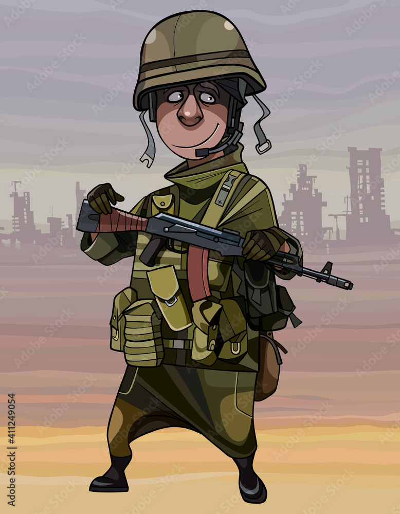 cartoon male soldier with a machine gun on the background of ruins ...