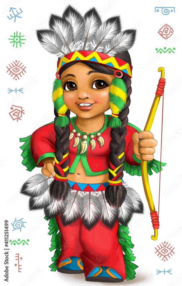 Bright cartoon of a cute Native American girl in the national costume ...