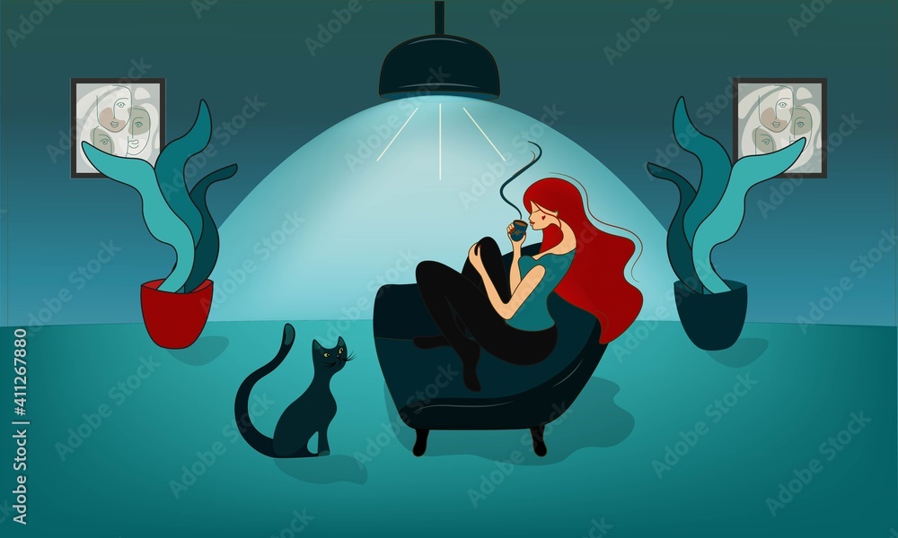 Blue evening room. The girl in the chair drinks coffee. Curious black ...