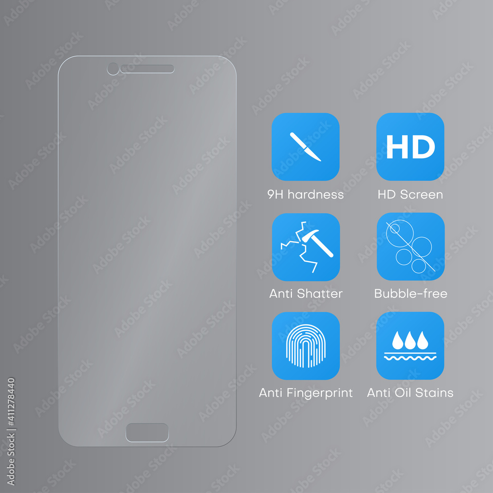 Screen protector realistic template. Anti shatter, fingerprint, oil ...
