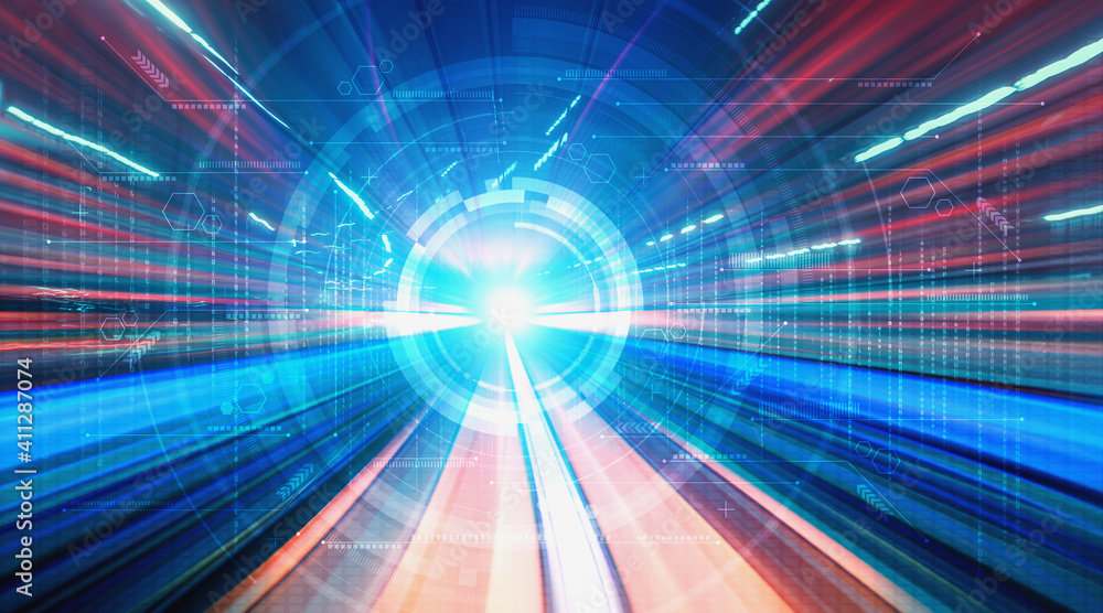 Digital data flow on road with motion blur to create vision of fast ...