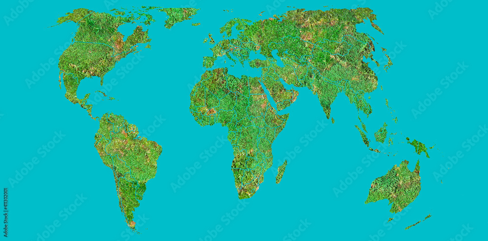 World map with textures of green moss and grass. Atlas of the world on ...