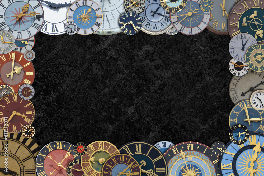 frame out of a collection of multicolored ancient church tower clocks ...
