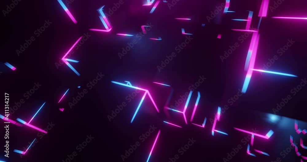 Retro Video Game chase in Neon cube scene. Abstract flyby with neon ...