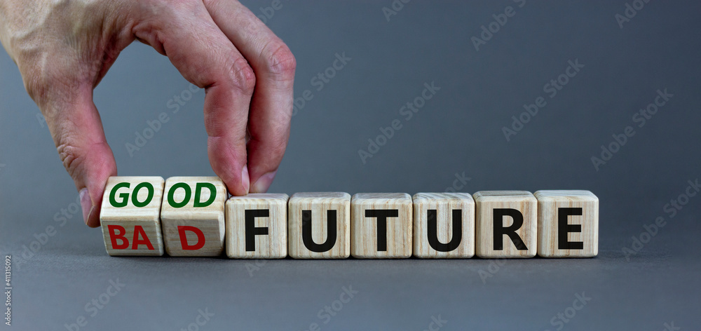Good or bad future symbol. Businessman turns wooden cubes and changes ...