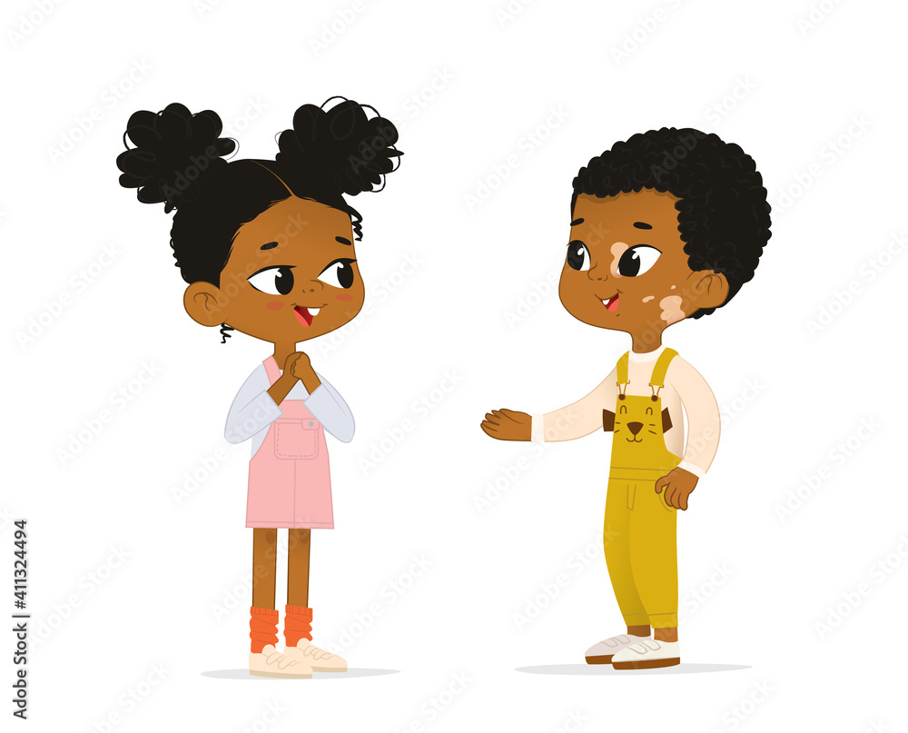 Two African American children talk to each other. School boy with ...