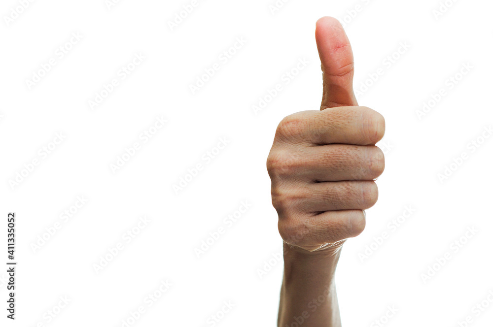 Cropped Hand Showing Thumbs Up Sign Against White Background Stock ...