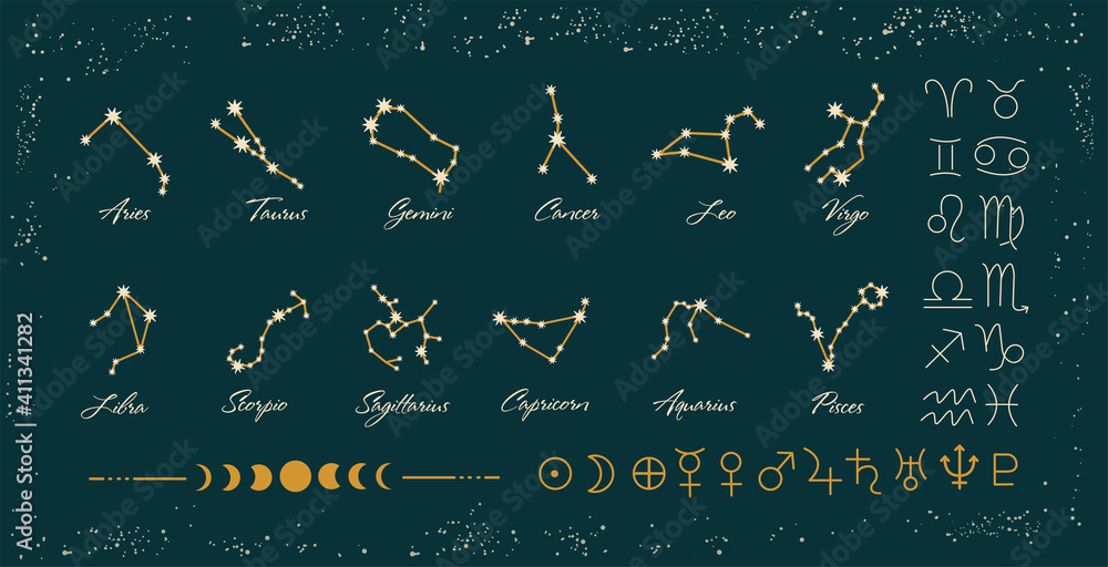 Set of signs of the zodiac, constellations. Horoscope symbols, stars ...