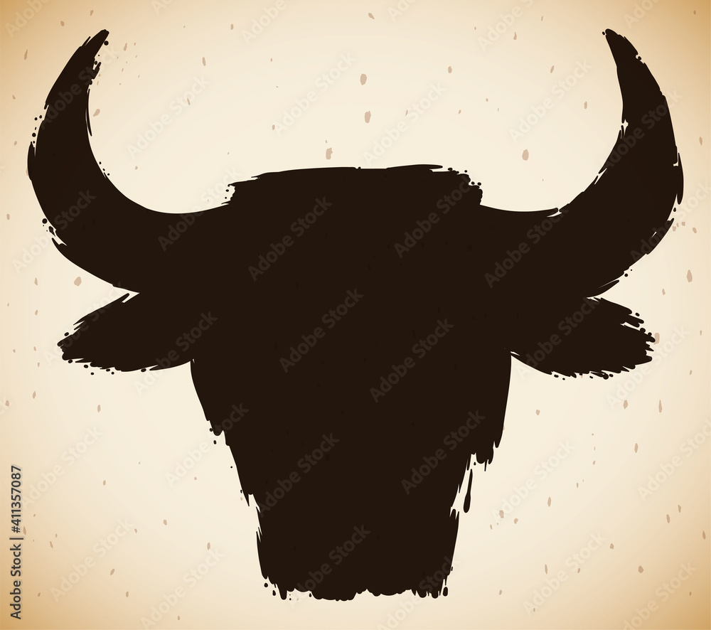 Ox head in dark brush strokes over scroll, Vector Illustration Stock ...