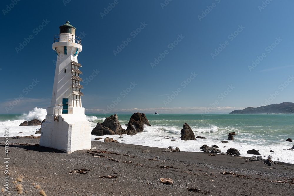 The lower Pencarrow Head lighthouse at the entrance to Wellington ...