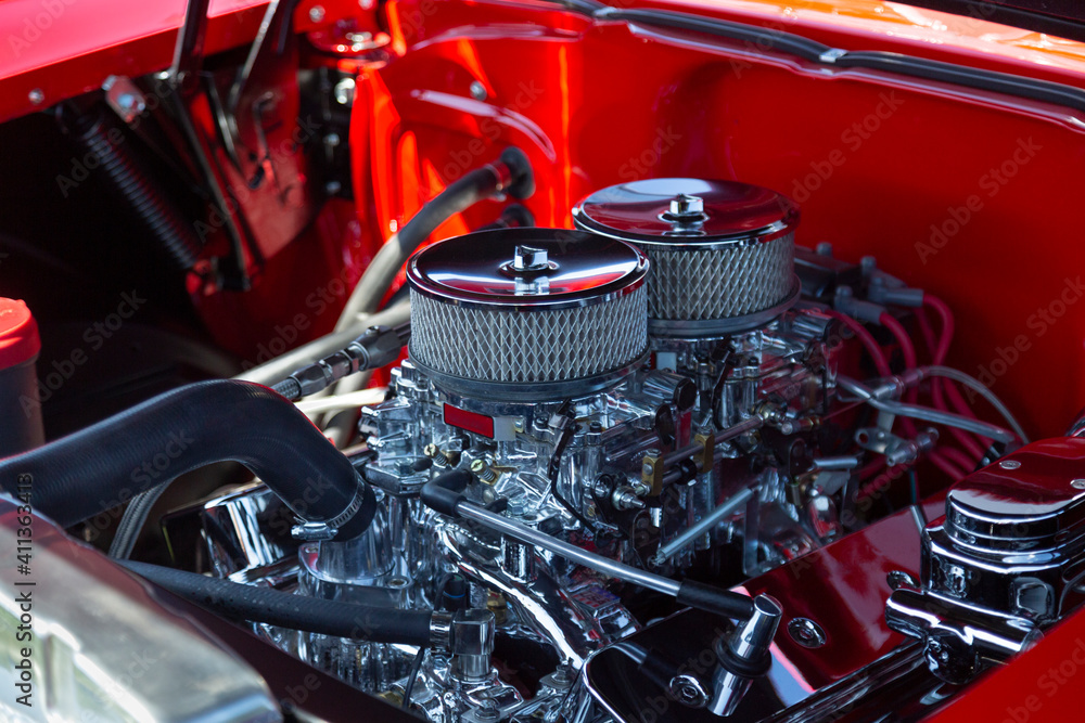 An Under the Hood Side View of Restored Vintage Automobile Engine with ...