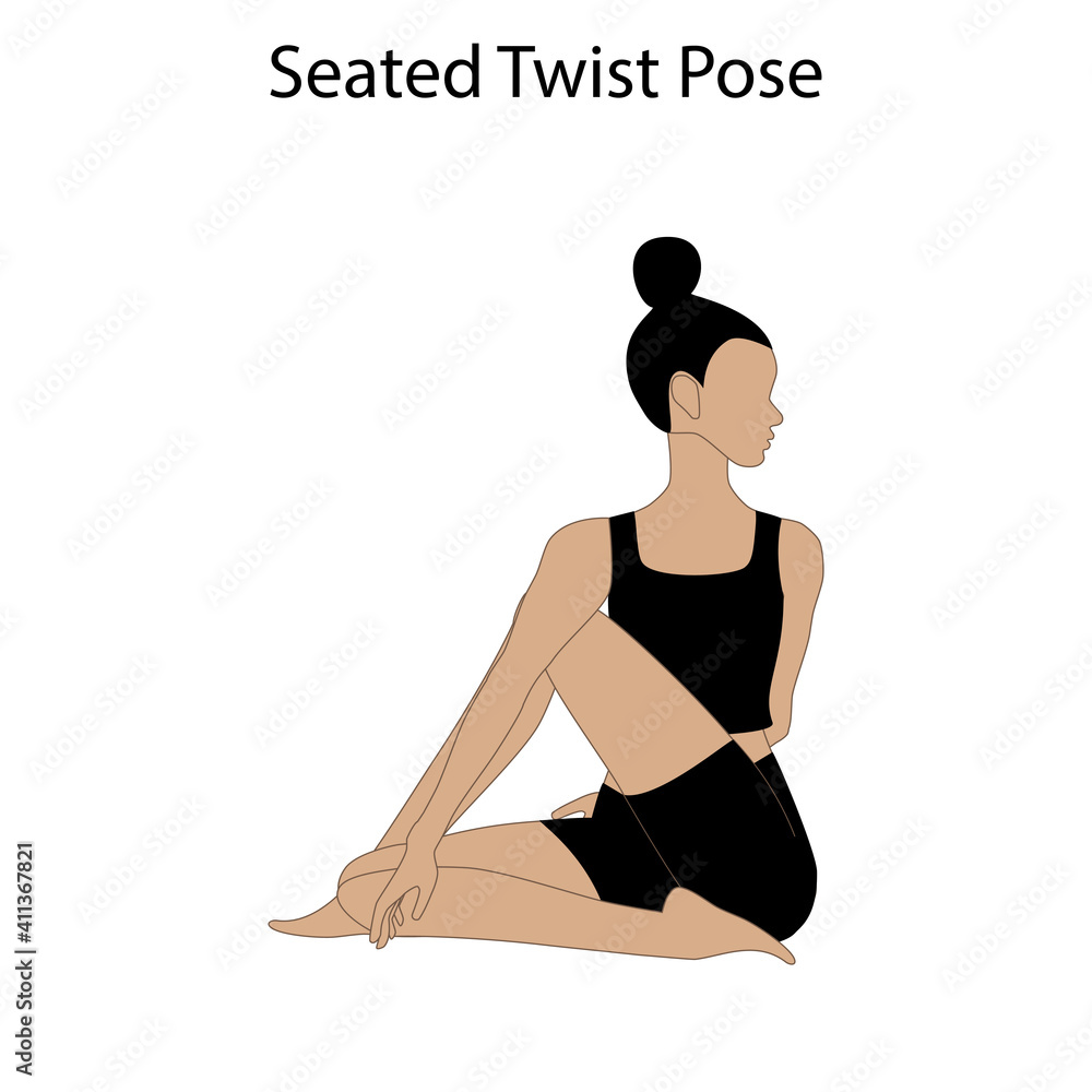 Seated twist pose yoga workout. Healthy lifestyle vector illustration ...