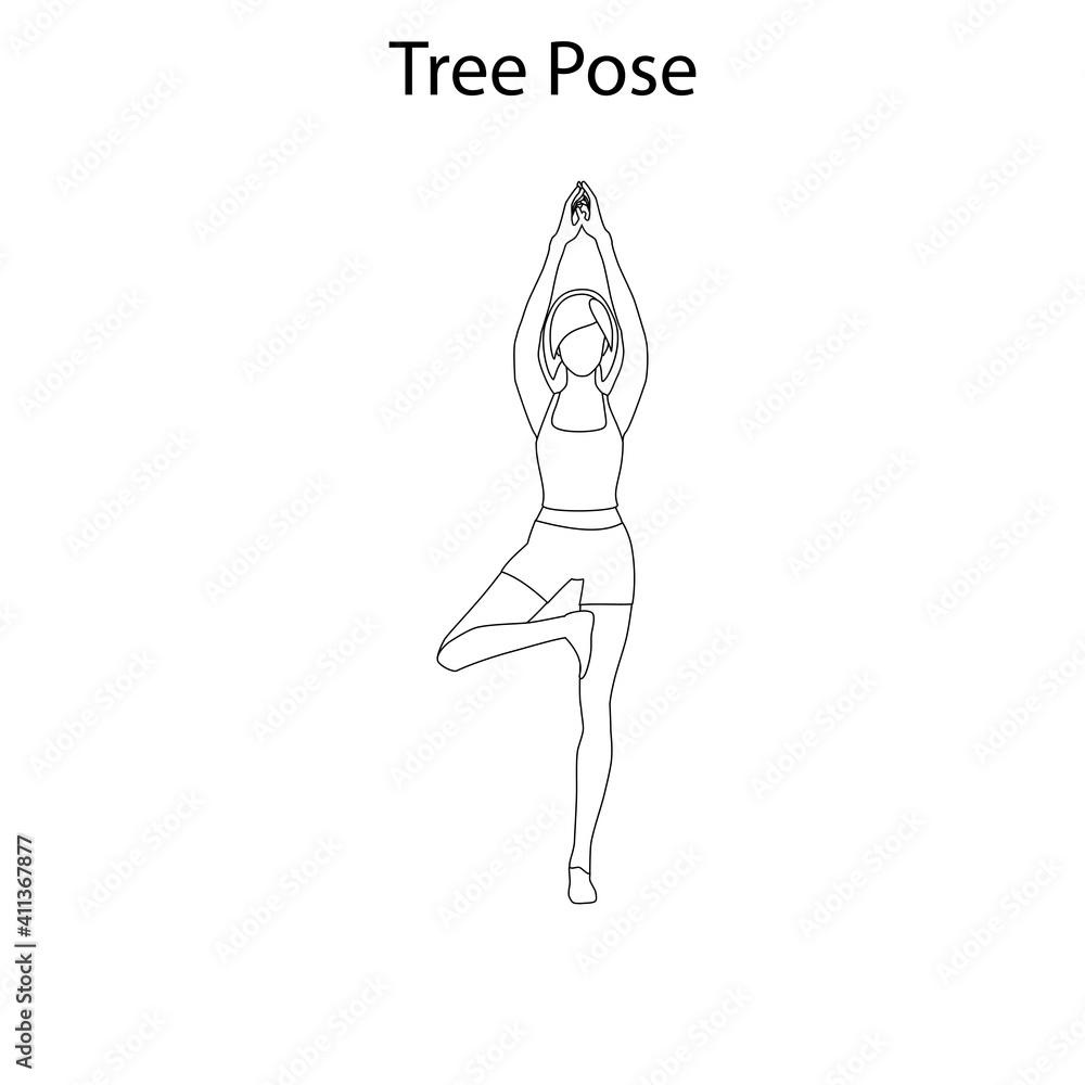 Tree pose yoga workout outline. Healthy lifestyle vector illustration ...