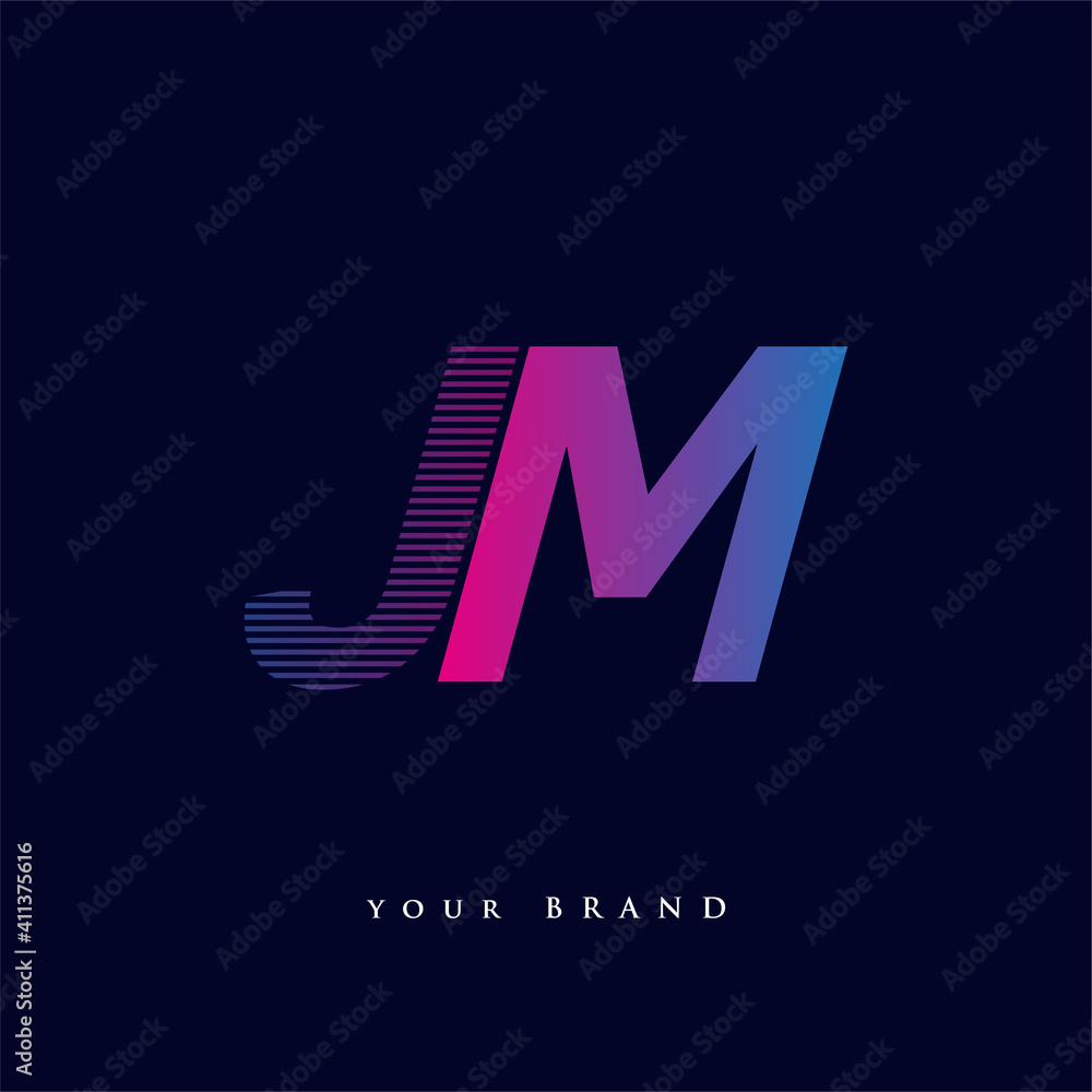 initial letter logo JM colored blue and magenta with striped ...