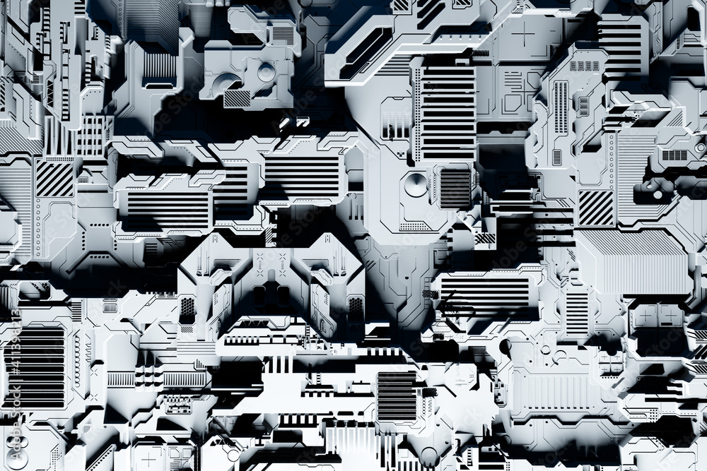 Detail of a futuristic machine. 3D illustration of a futuristic wall ...