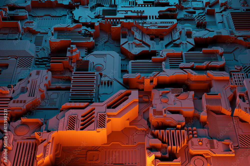 Detail of a futuristic machine. 3D illustration of a futuristic wall ...