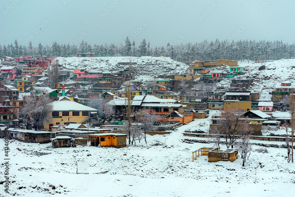 winter landscape with snow and huts in the mountains, Kalam is a valley ...