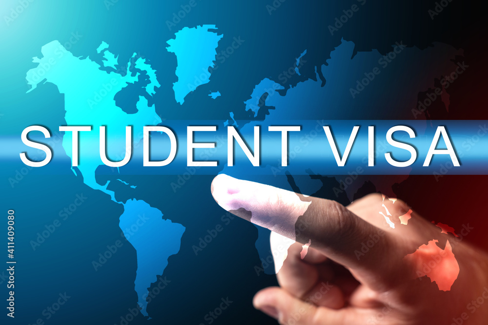 Obtaining a student visa. Human hand next to a virtual screen. Concept ...