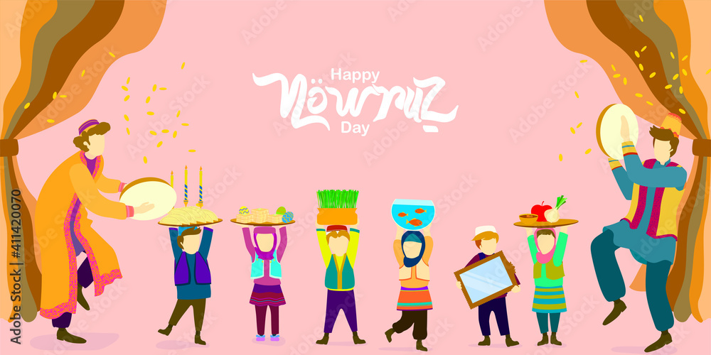 Nowruz celebration dancing together with friends. Translation: Happy ...