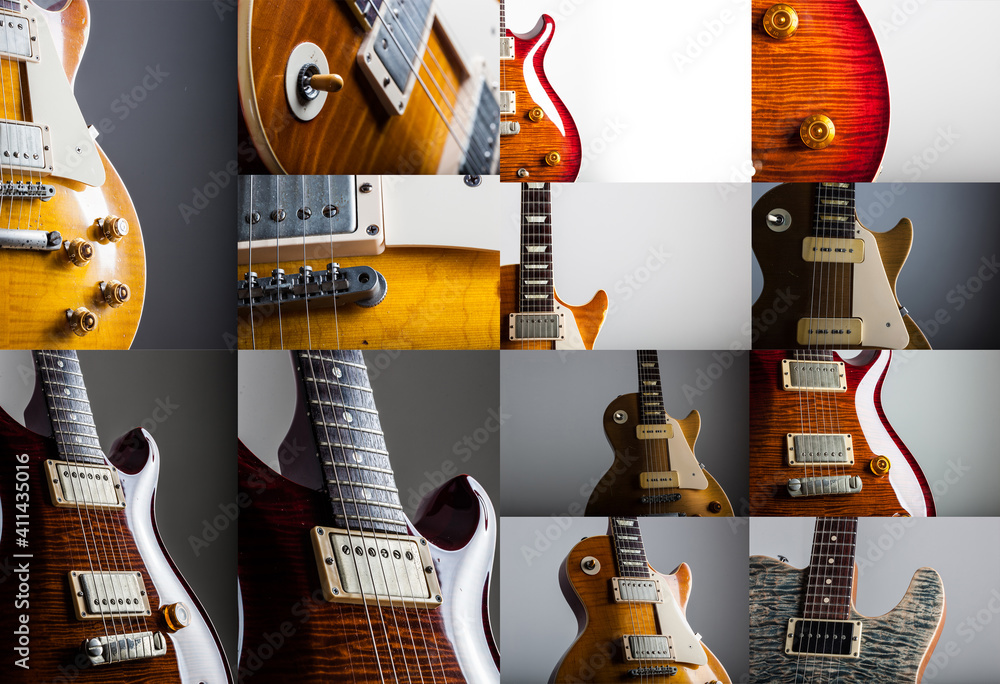 Collage of Electric guitar images, vintage electric guitar close-up in ...