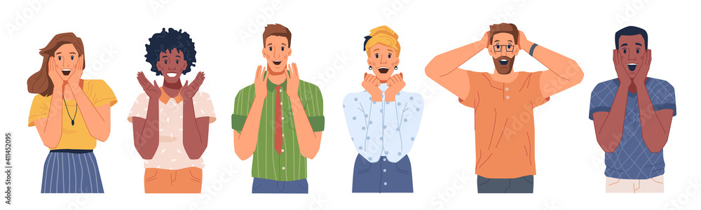 Set of people with surprised excited expression isolated happy faces of ...