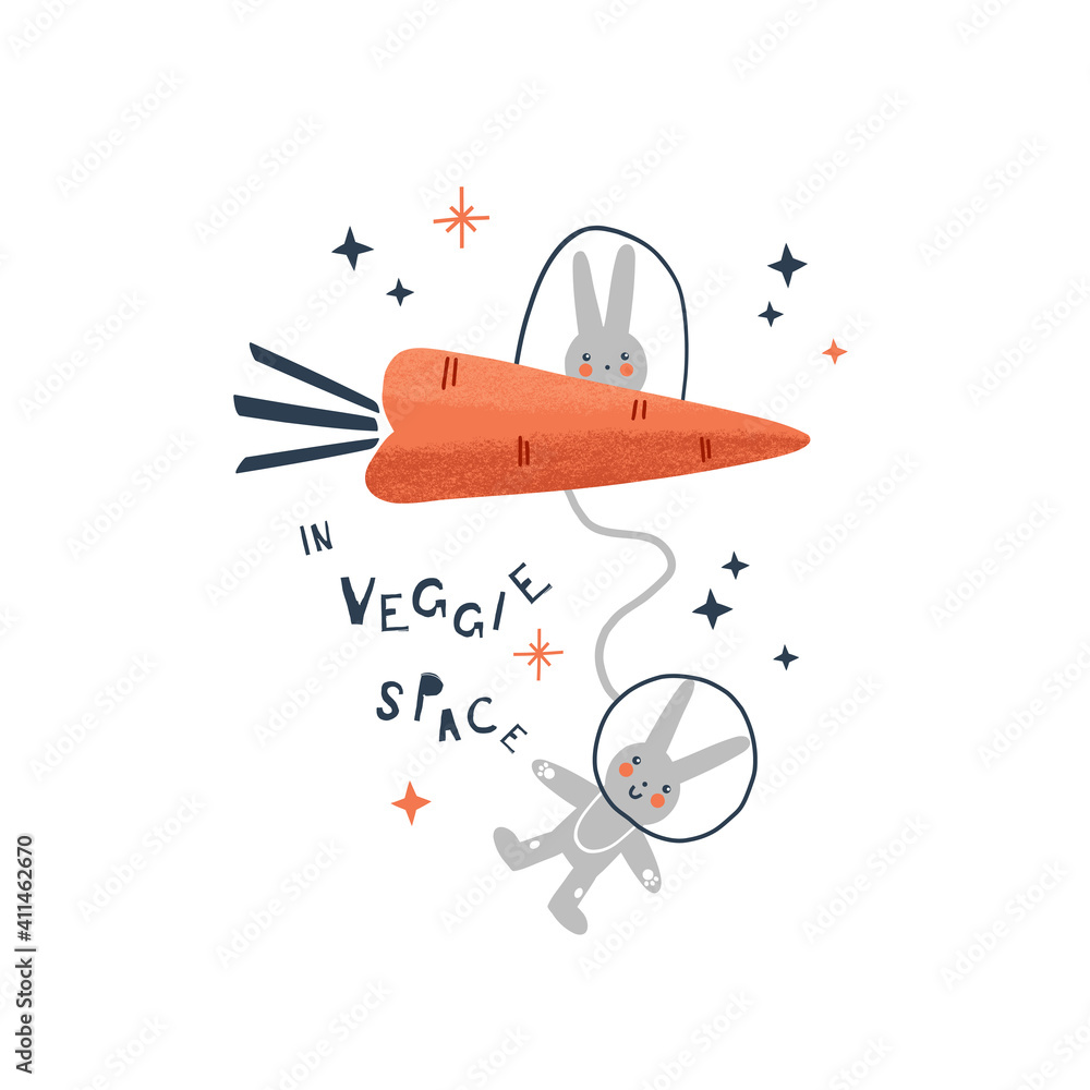 Bunny astronaut in Carrot rocket in Veggie space vector illustration ...