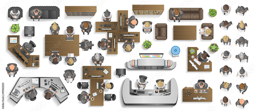 Vector set of office. People at work and office furniture. (top view ...