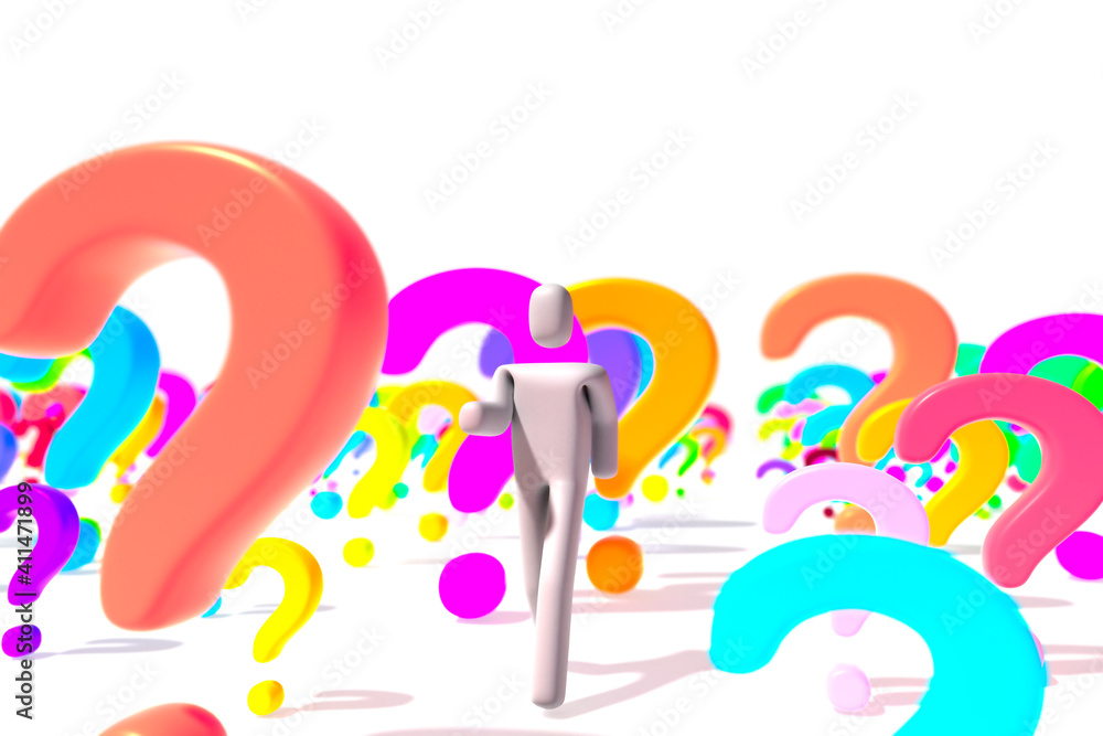 3D character, all white, in human form walking through a multitude of ...