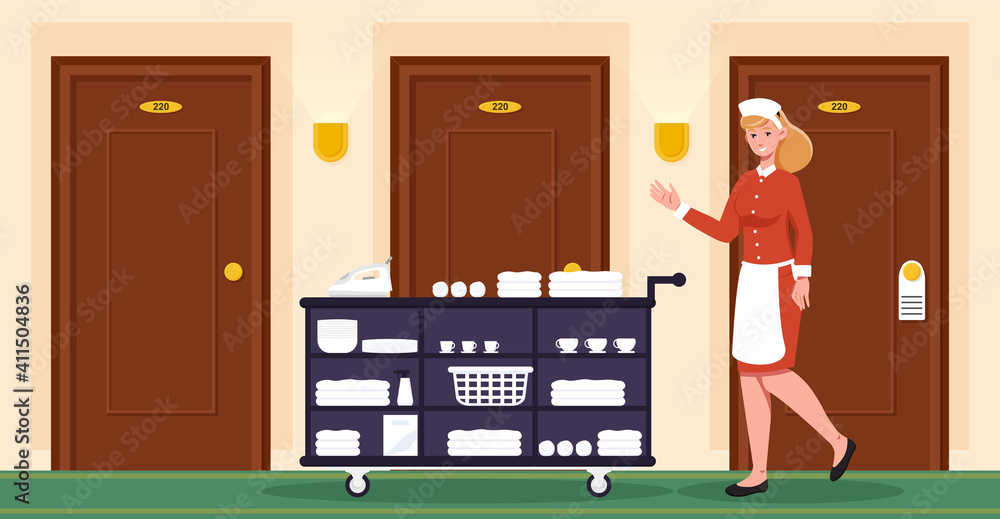 Female hotel staff in uniform cleaning hotel rooms. Female housekeeper ...