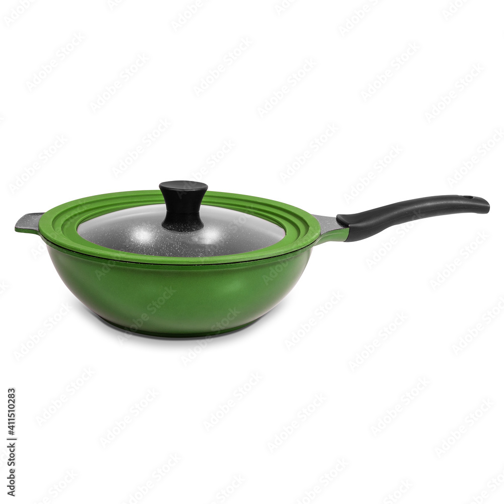 Round colored frying pan with a transparent lid in the form of a ...