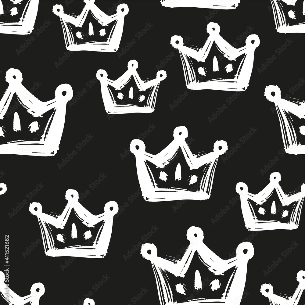 White ink crown isolated on black background. Cute monochrome seamless ...