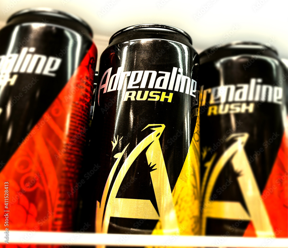 2021: Adrenaline Rush the energetic drink by Pepsi Co, tin cans ...