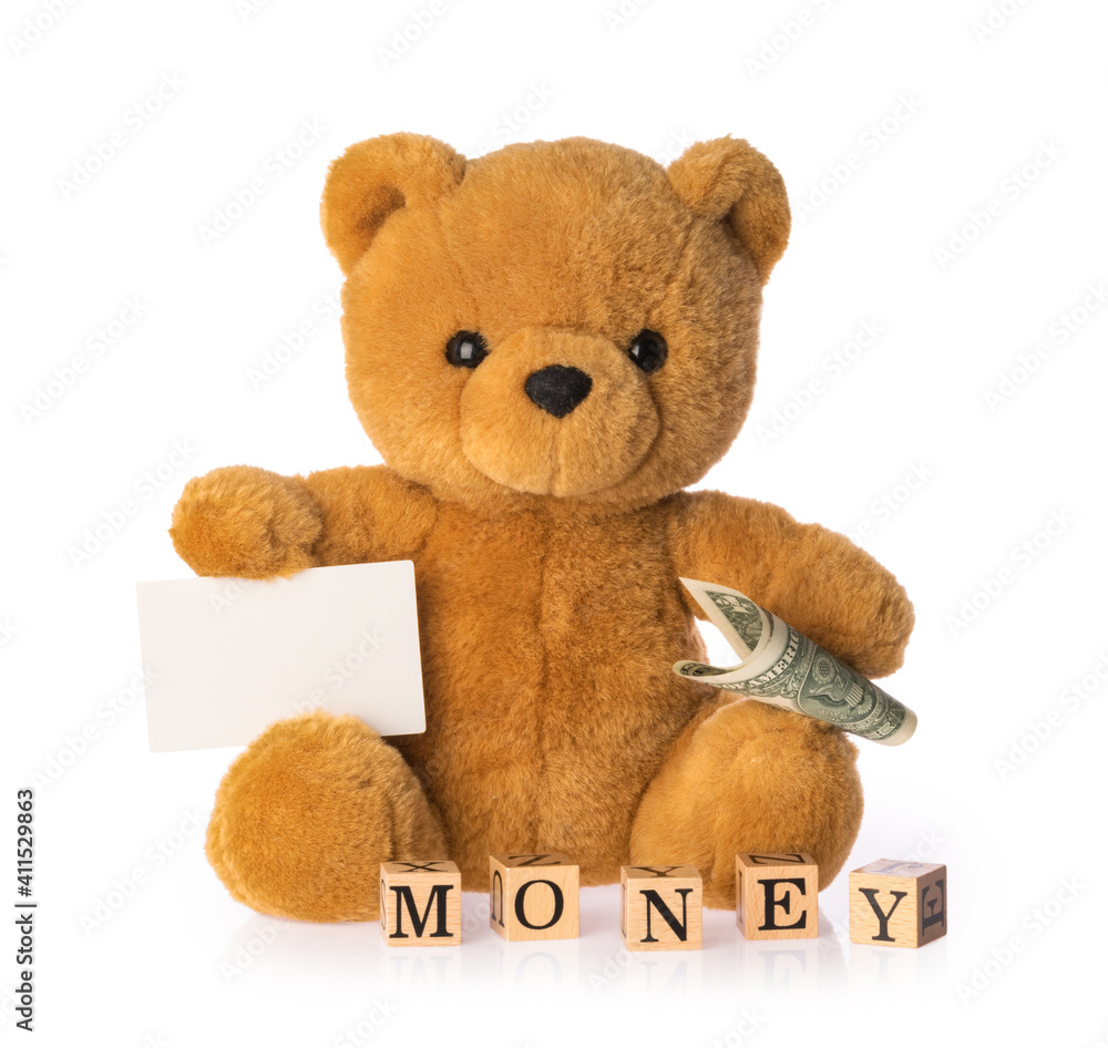 Teddy bear. Money savings concept isolated white background Stock Photo ...
