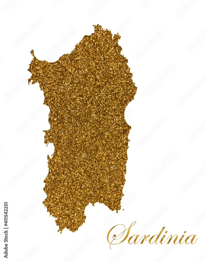 Map of the island of Sardinia. Silhouette with golden glitter texture ...