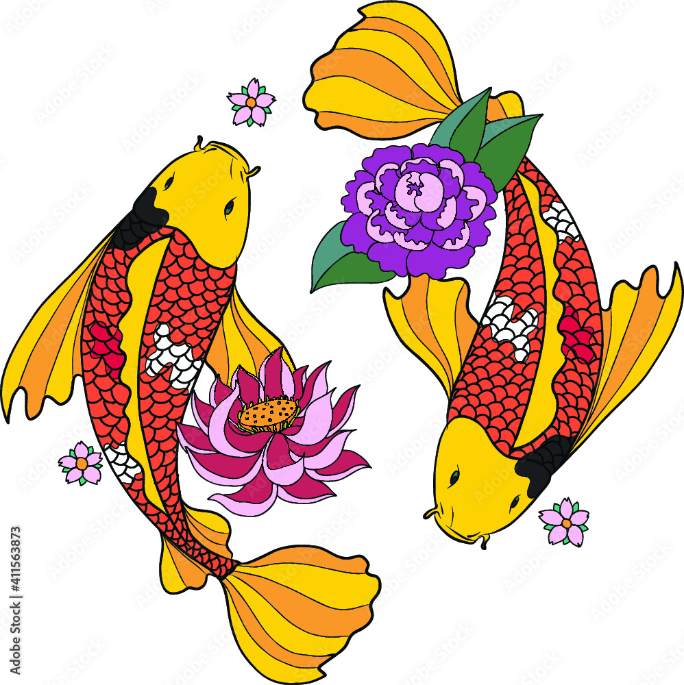 Japanese koi.Hand drawn colorful Koi fish and Japanese tattoo.doodle ...